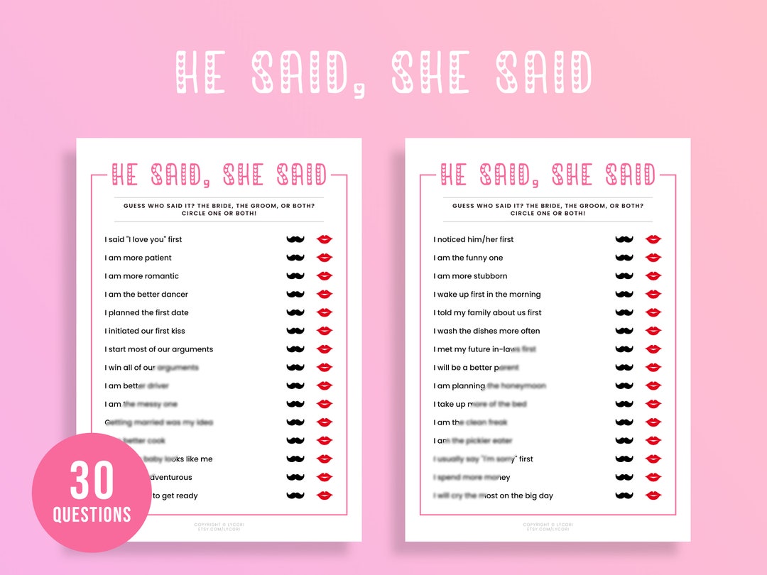 He Said She Said Game, Bridal Shower Game, Printable He Said She Said ...