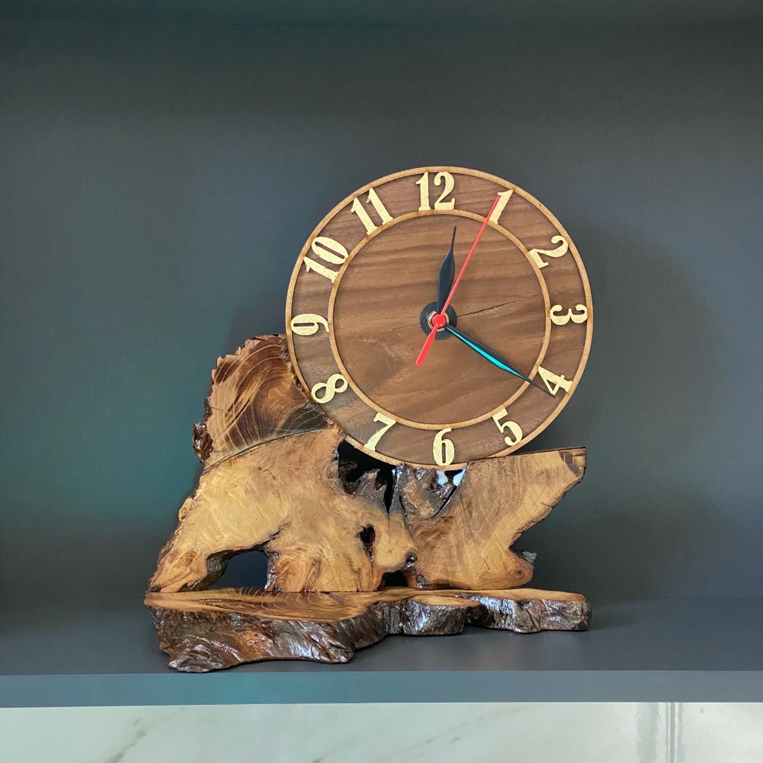 THE LION Walnut Root Wood Table Clock Wood Clock Base Wood - Etsy