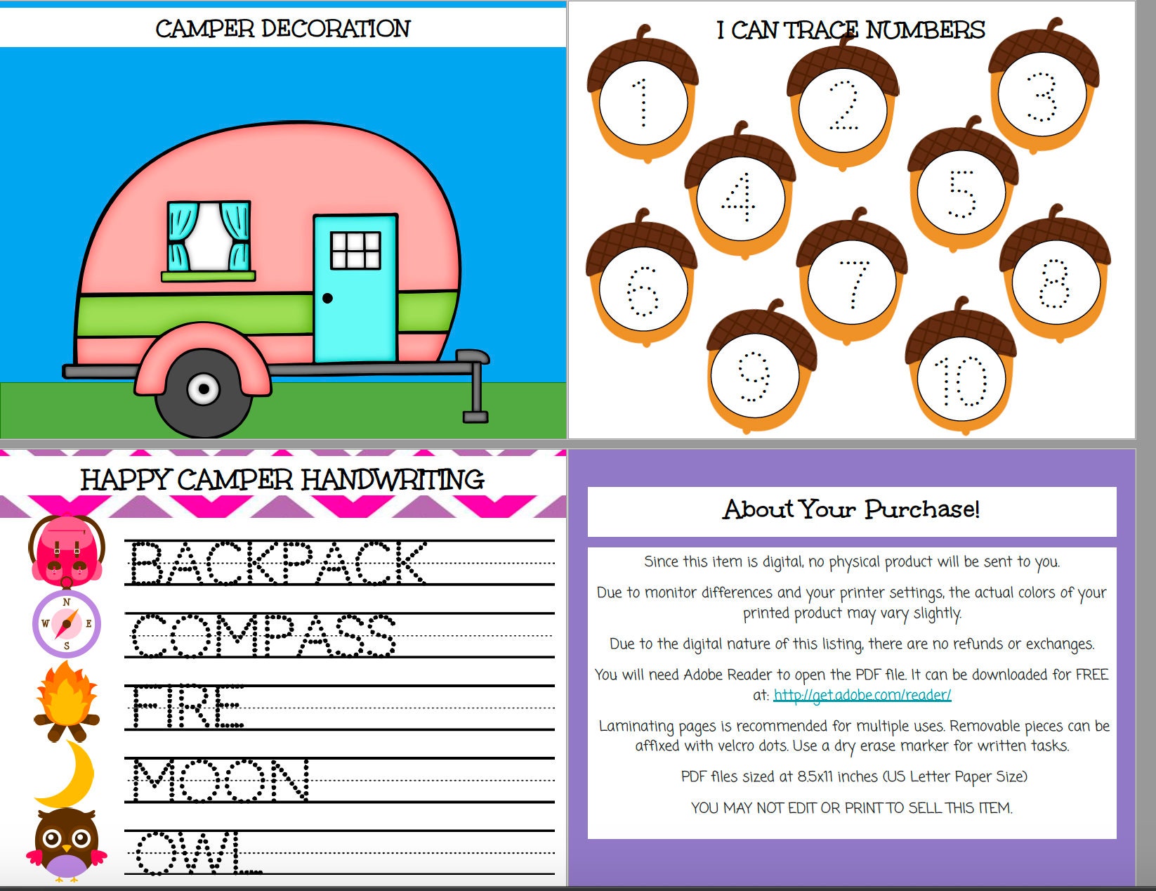 Girl Camping Themed Busy Book Printable Worksheets Set, Matching ...