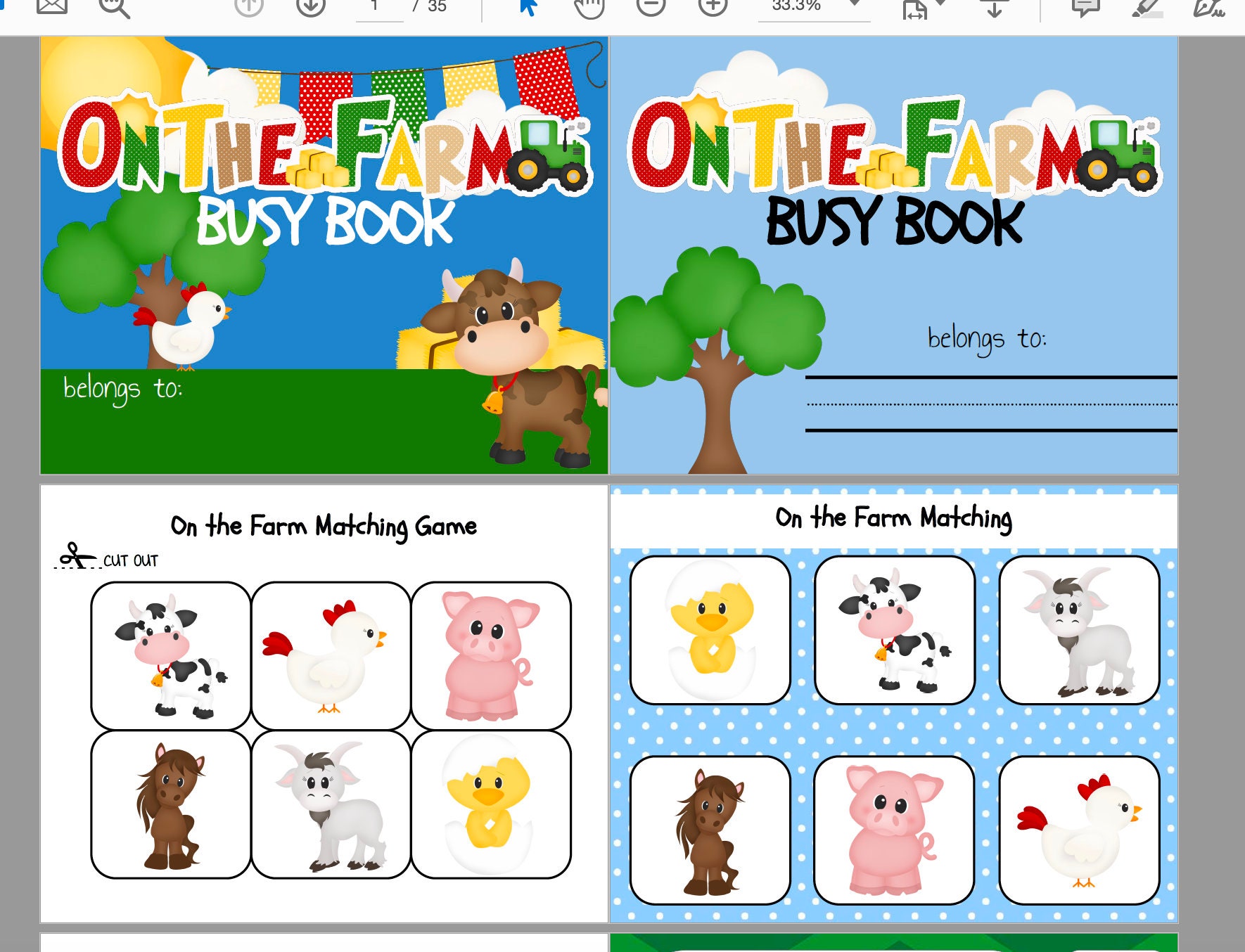 On the Farm Themed Busy Book Printable Worksheets Set, Matching ...