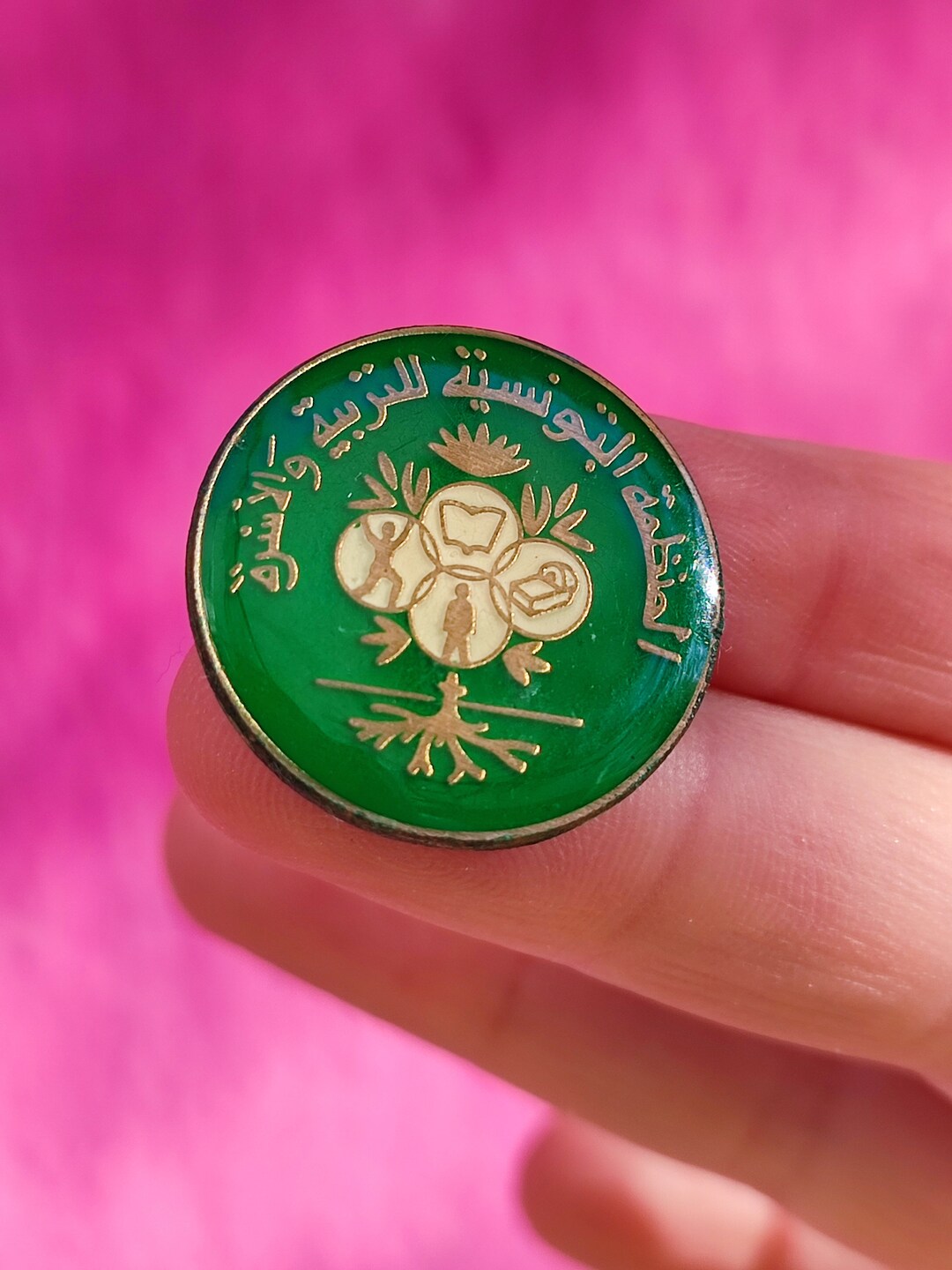 Vintage Tunisia Arabic Letters Pin Pin for Collection Round Green ...
