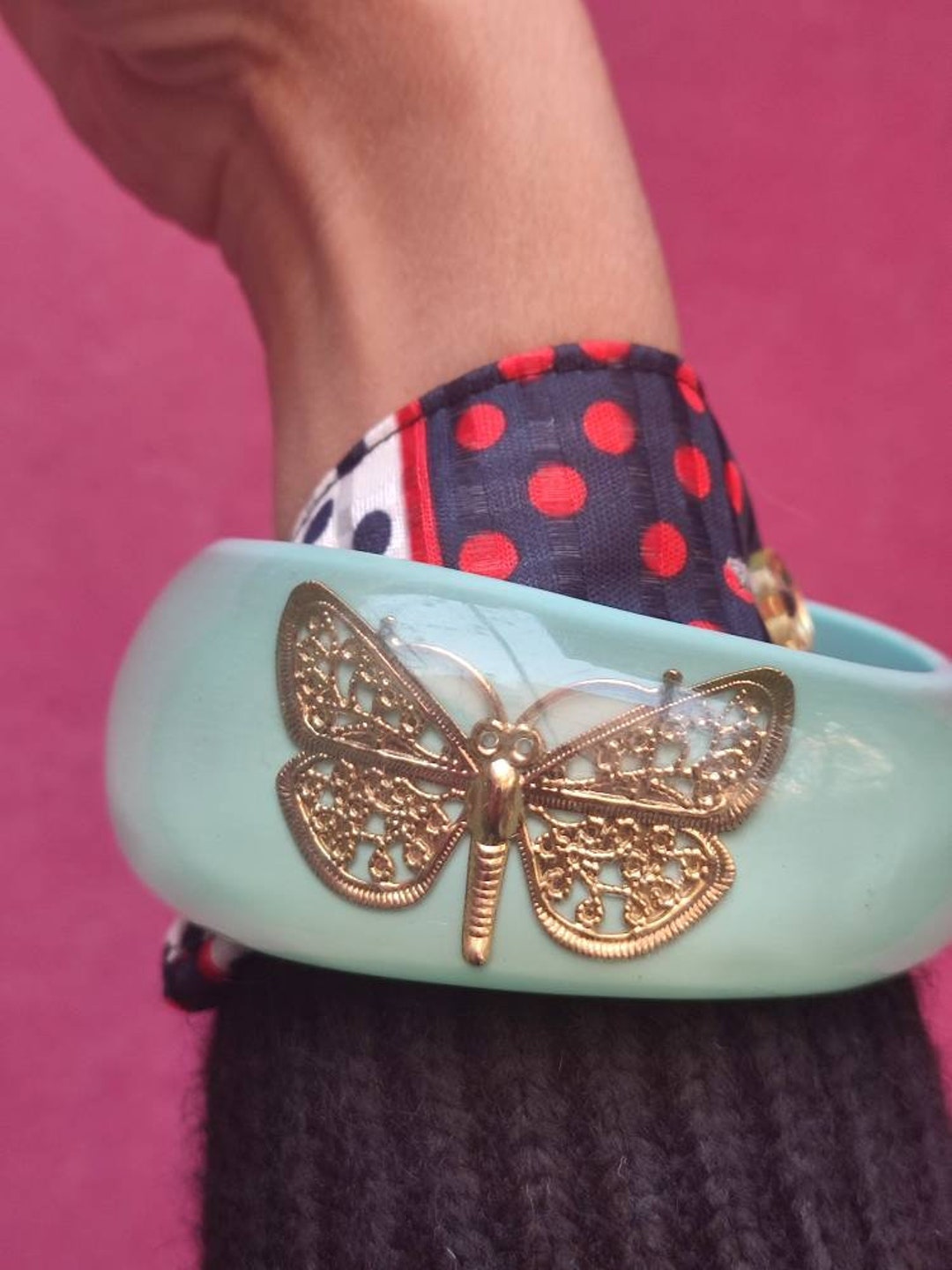 Antique Domed Lucite Butterfly Bangle Chunky Wide Bangle 1950s Faded Light Blue Lucite Bangle ...