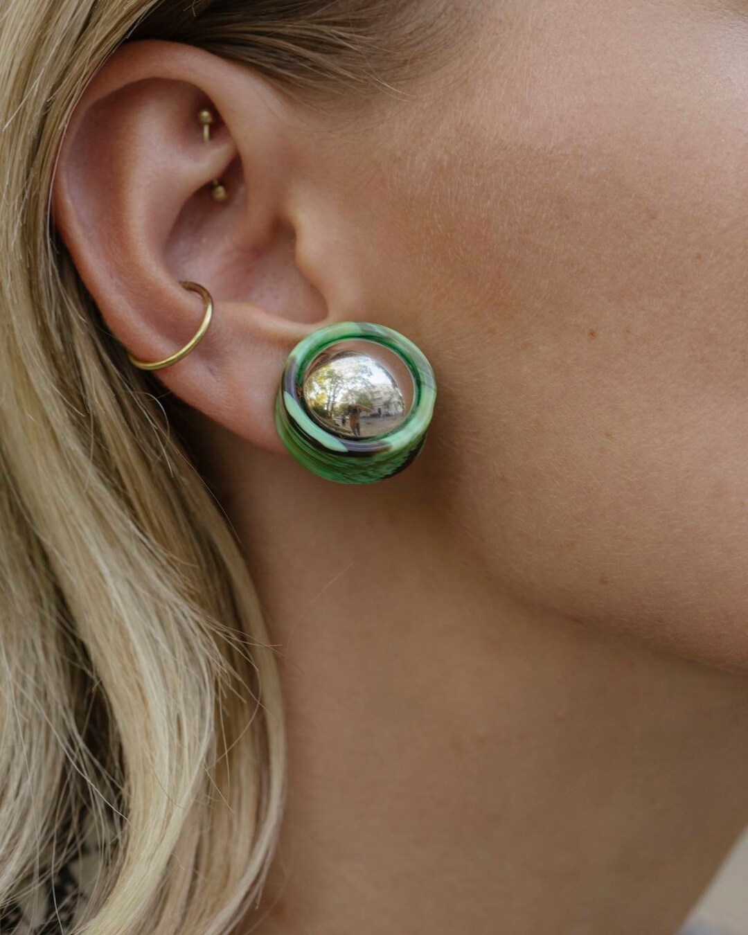 Retro Round Shape Mirror Earrings Clips Green Marble Earrings Lighting ...