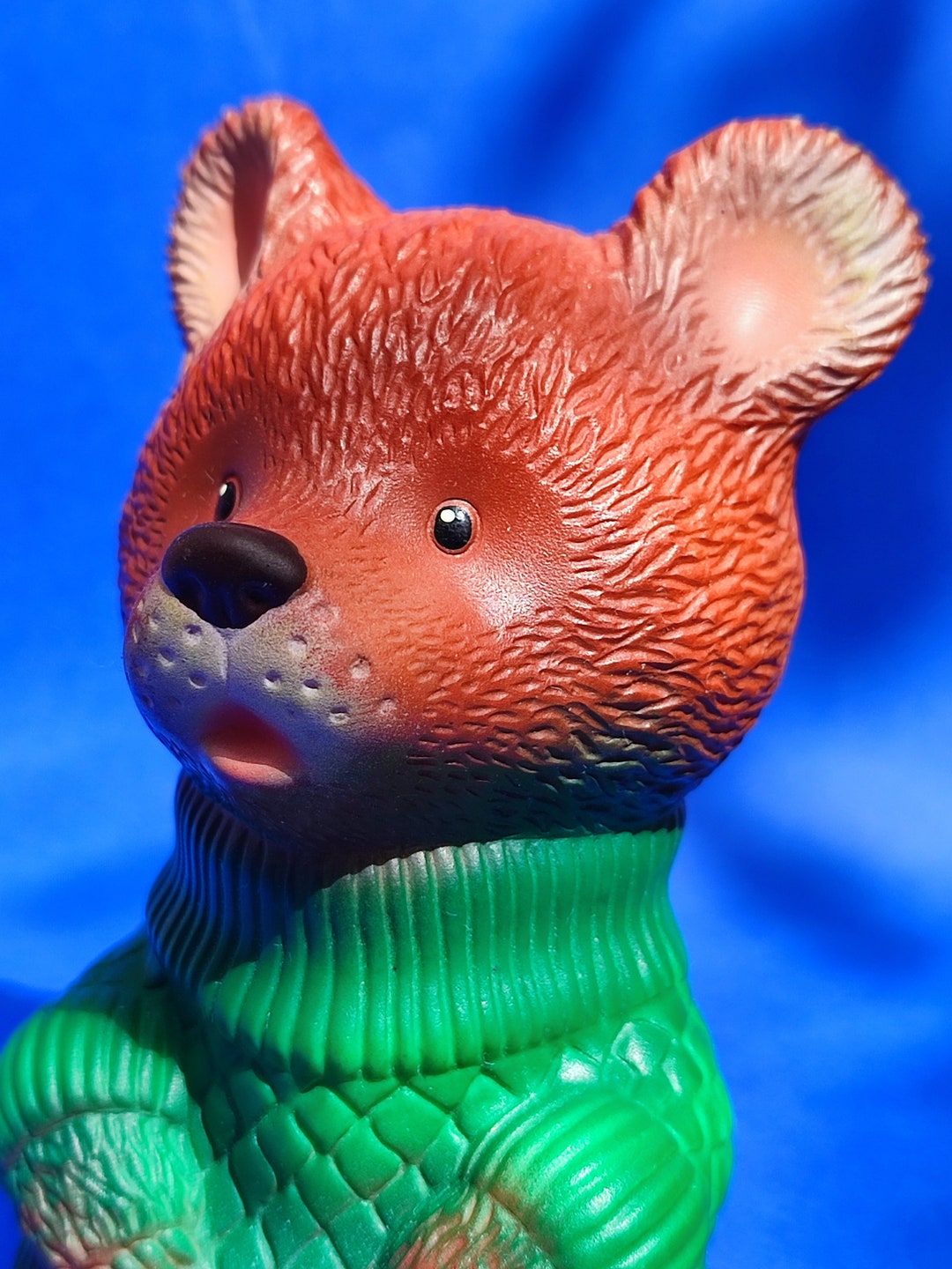 Vintage Rubber Teddy Bear in Green Sweater Squeak Toy Display Animal ...