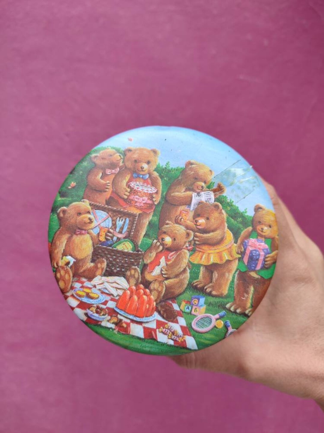Vintage Teddy Bear Tin Metallic Cylinder Tin Teddy Bears at the Picnic ...