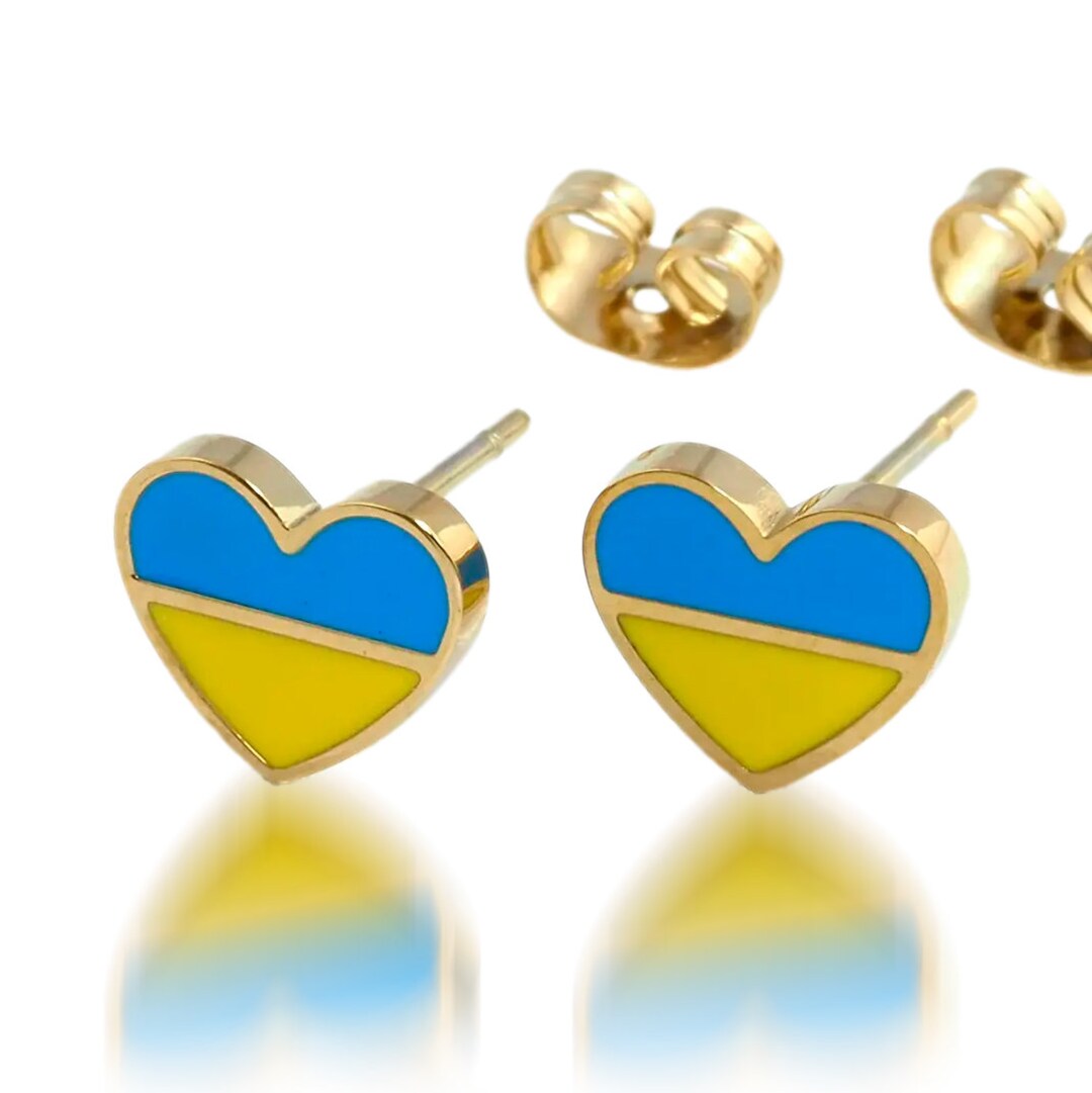 Ukrainian Flag Heart Stud Earrings, Small Blue Yellow Studs, Support ...