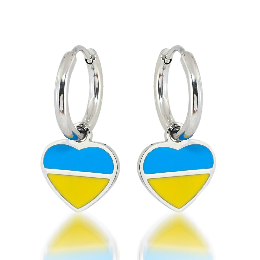 Ukrainian Flag Heart Stud Earrings, Small Blue Yellow Hoop, Support ...