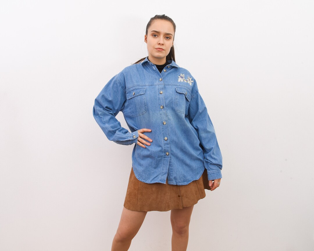 Vintage Women's Denim Trachten L Oversized Embroidered Shirt Blue ...