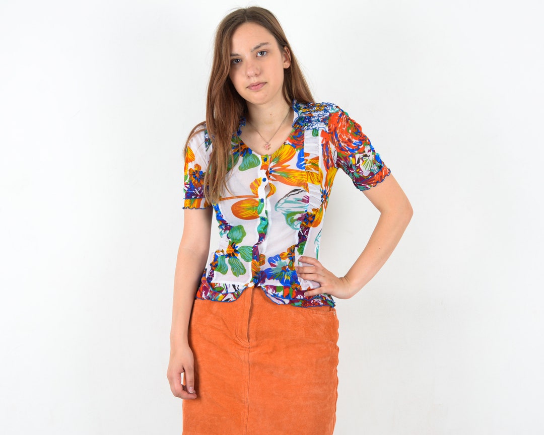 Vintage Women's S Funky Floral Pattern Blouse Shirt Top Buttons Light ...