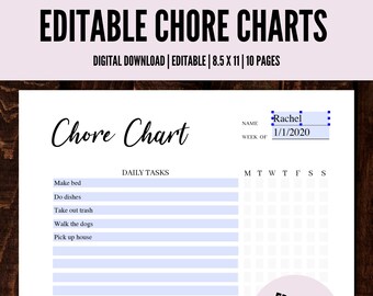 Chore Chart Printable, Weekly Chore Chart Download, Chore List, Chore ...
