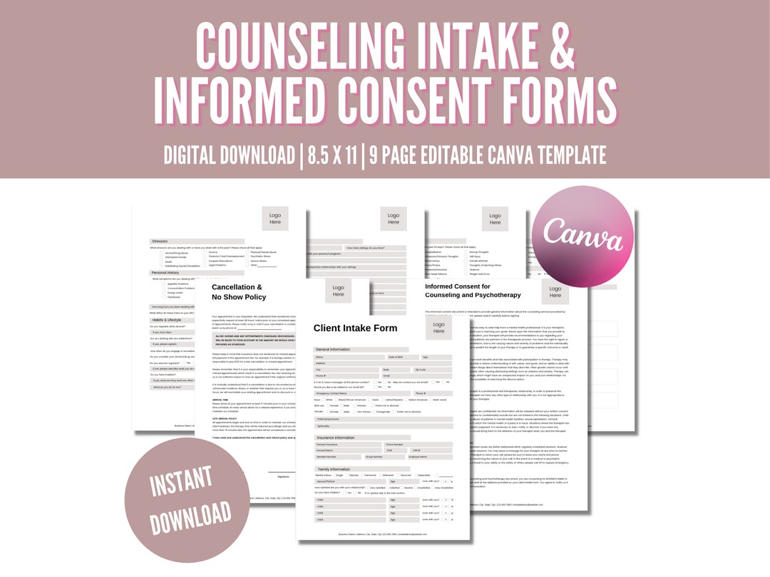 Counseling Intake Forms: Editable Client Templates (canva Template) - Etsy
