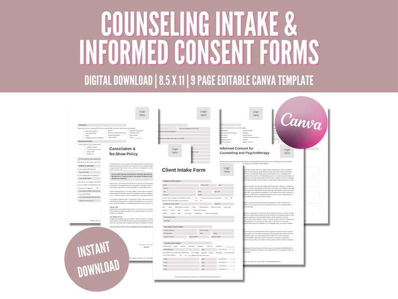 Counseling Intake Forms: Editable Client Templates (canva Template) - Etsy