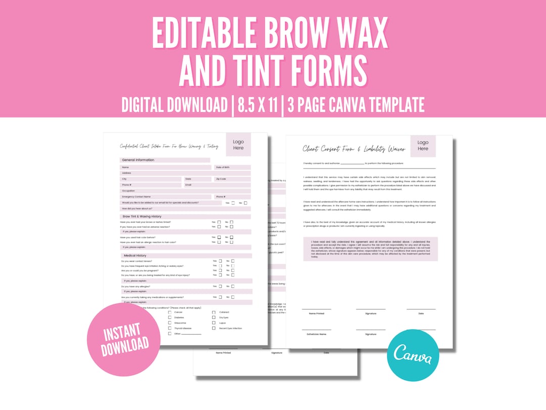 Editable Brow Wax and Tint Intake Form, Consent and Waiver Form ...