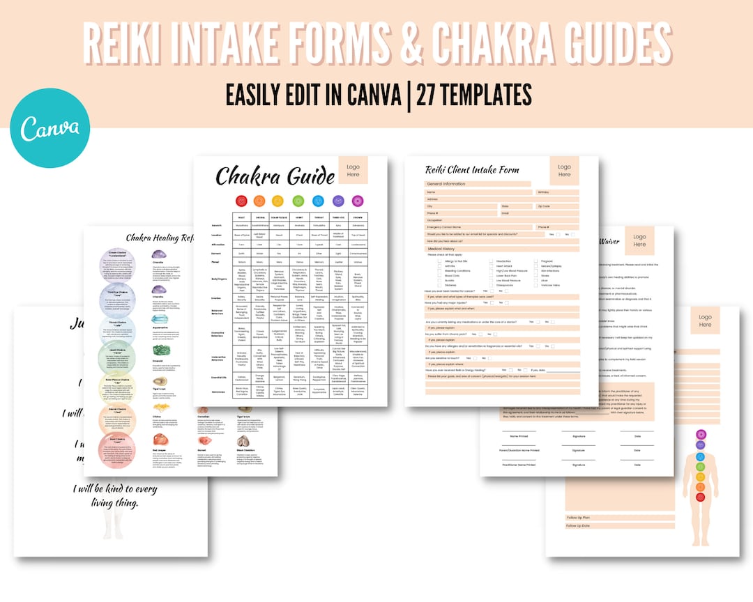 Reiki Intake Forms & Chakra Guide: Editable Business Templates (canva ...