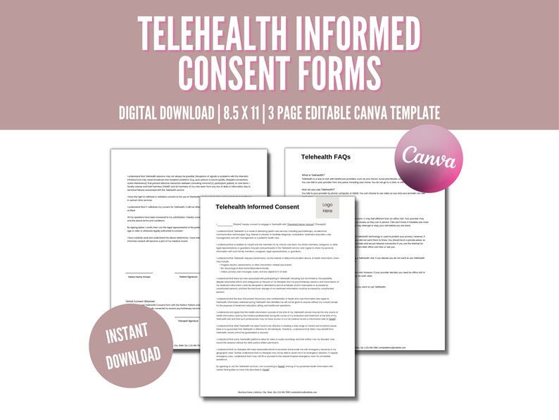 Telehealth Consent Forms: Editable Canva Template (digital Download) - Etsy