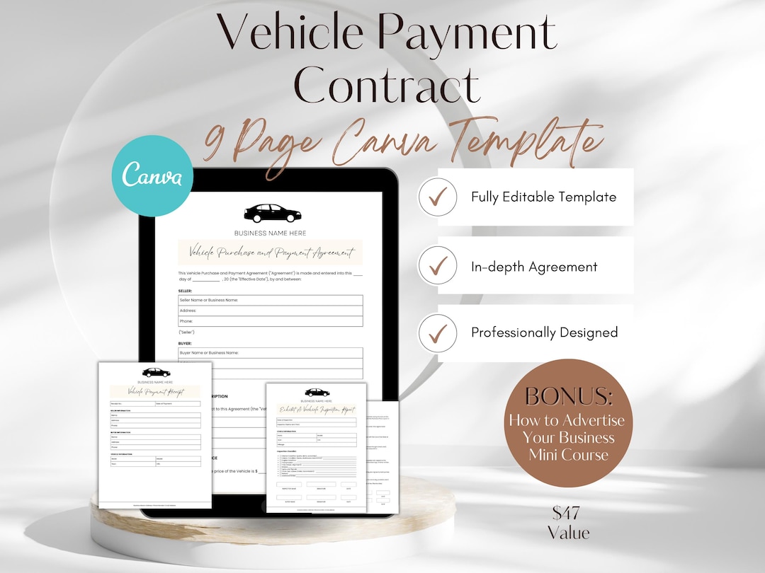 Vehicle Payment Contract Template: 9-page Auto Agreement (canva ...