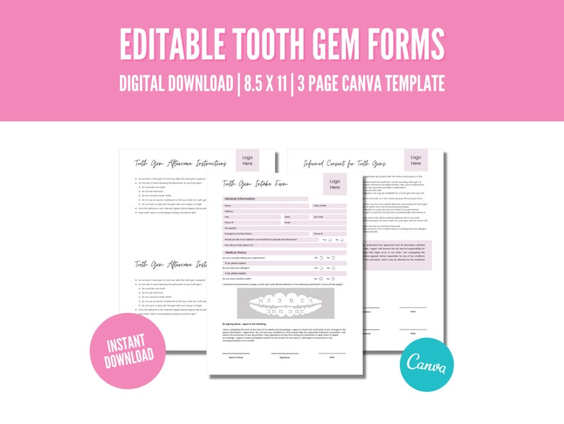 Editable Tooth Gem Forms: Consent, Waiver, Aftercare (canva Template ...