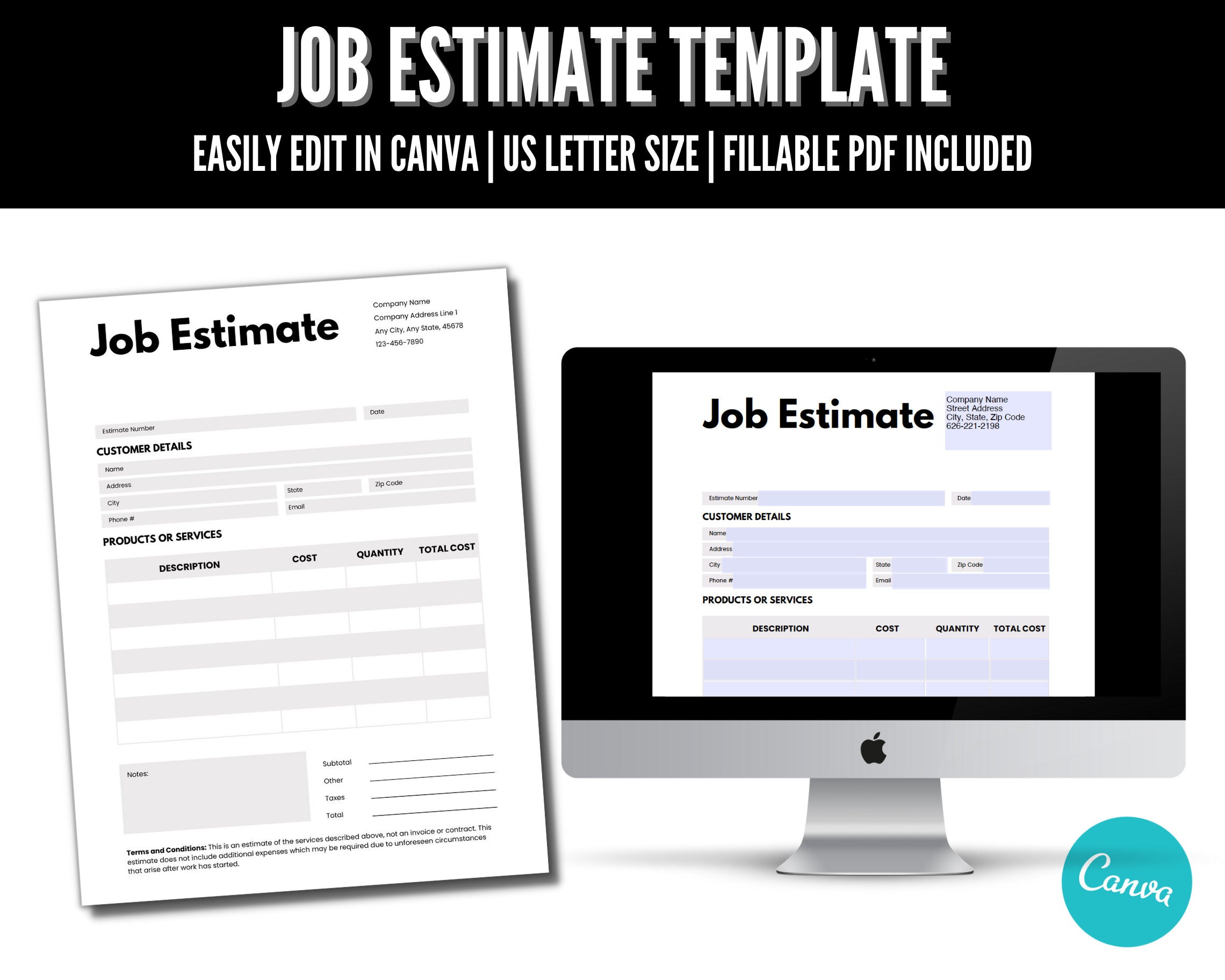Printable Job Estimate Template: Editable PDF & Canva (digital Download ...