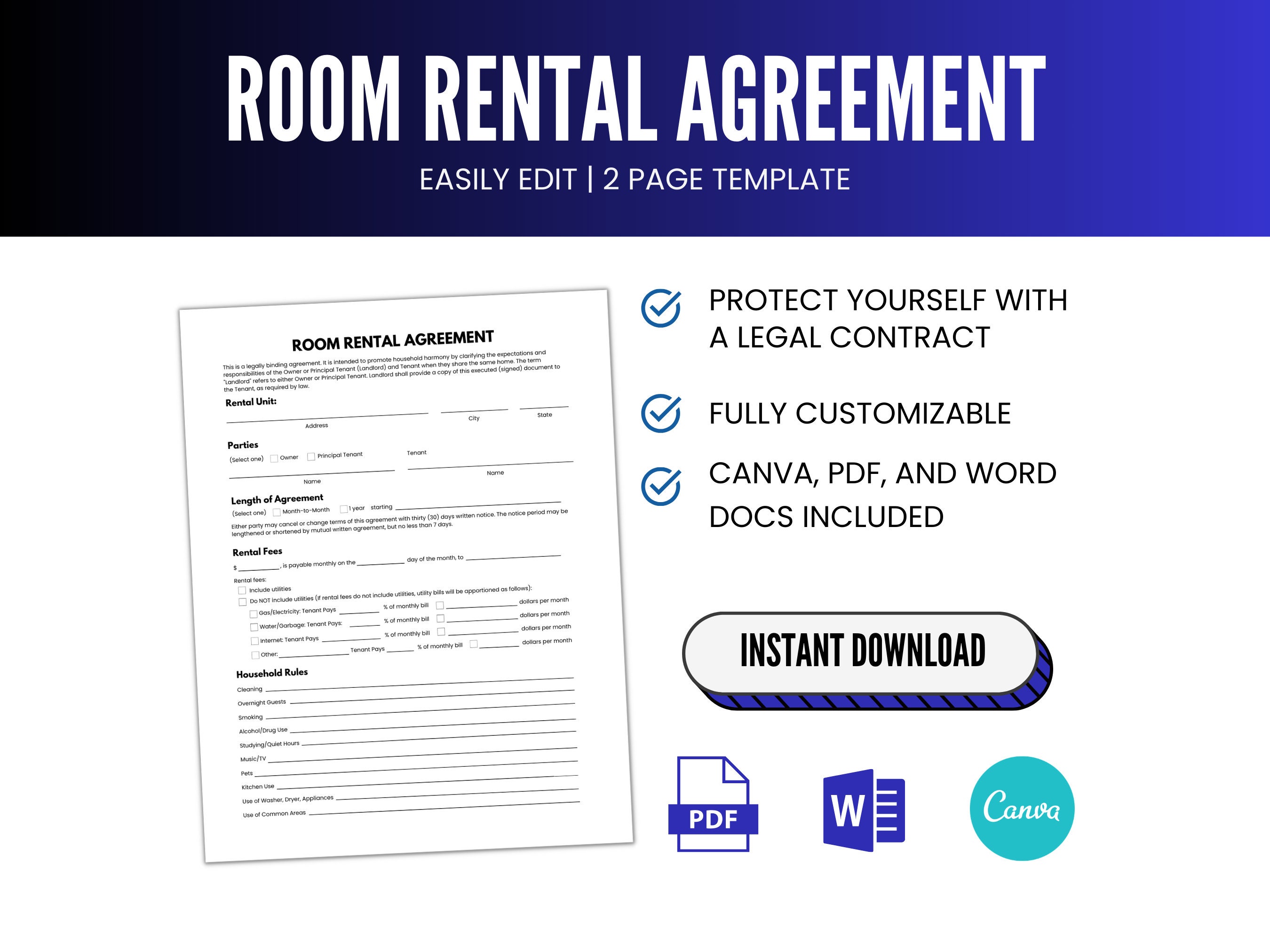 Room Rental Agreement Template: Simple Lease, Customizable (PDF, Word ...