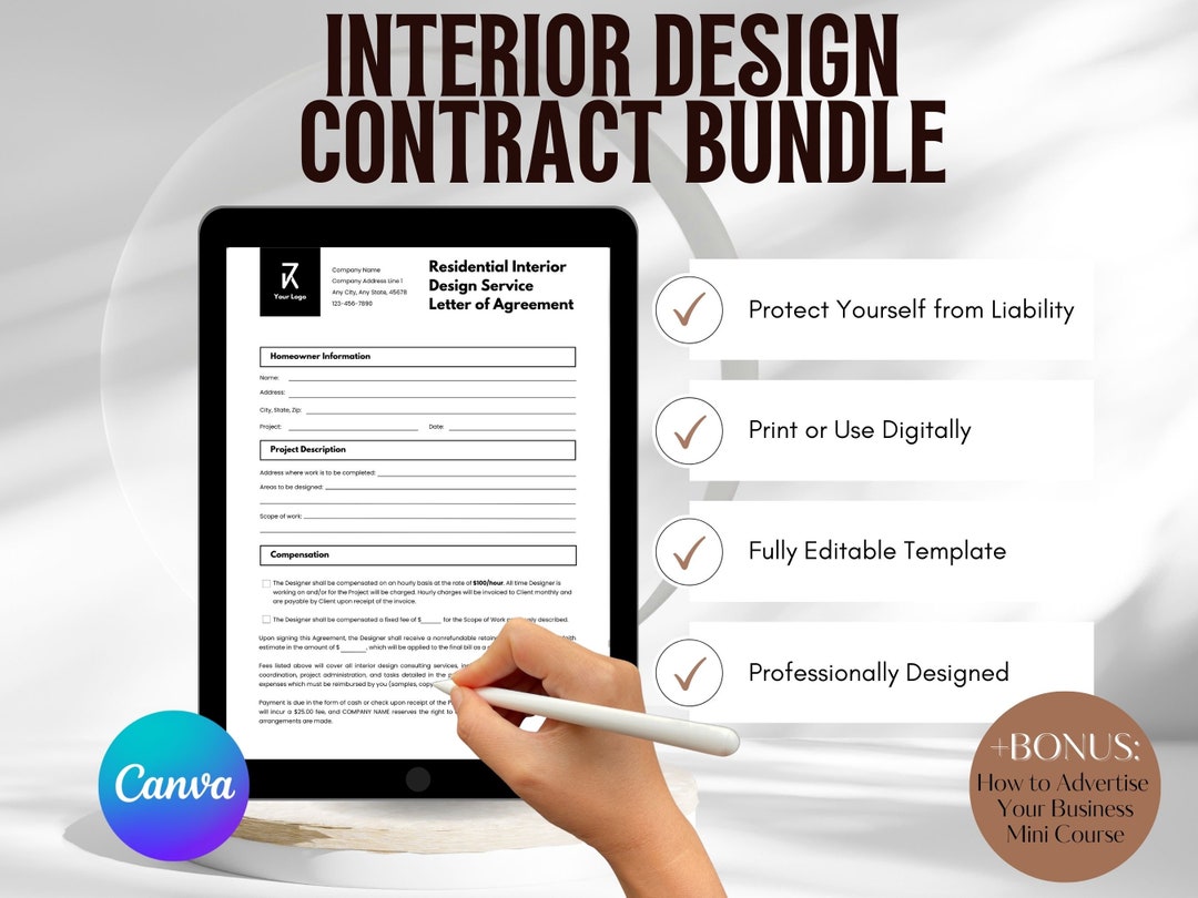 Interior Design Contract Template: Editable Business Forms (canva) - Etsy