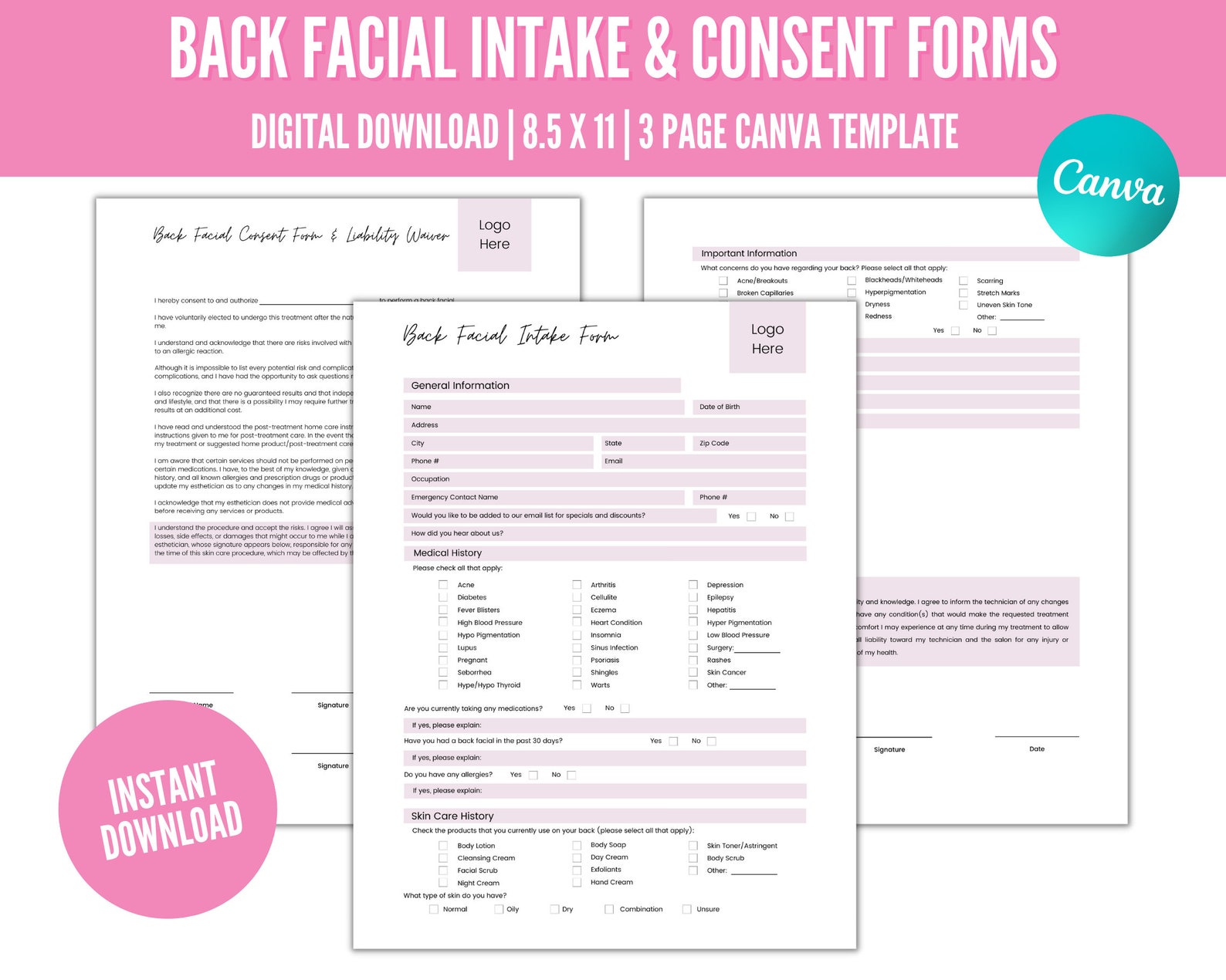 Back Facial Consent Form Template Esthetician Forms Client - Etsy Canada
