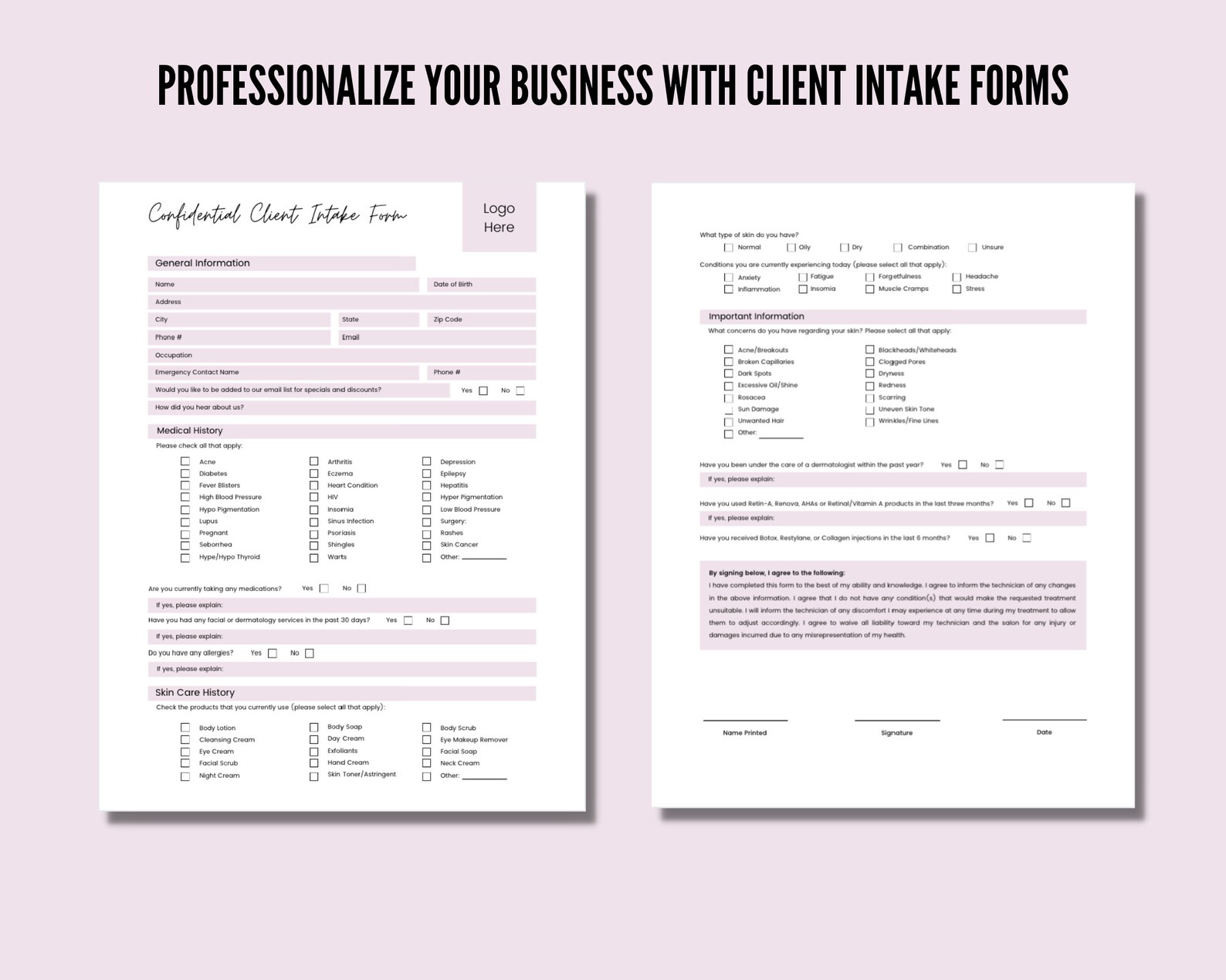 Esthetician Client Intake Forms: Salon Business Templates (canva ...