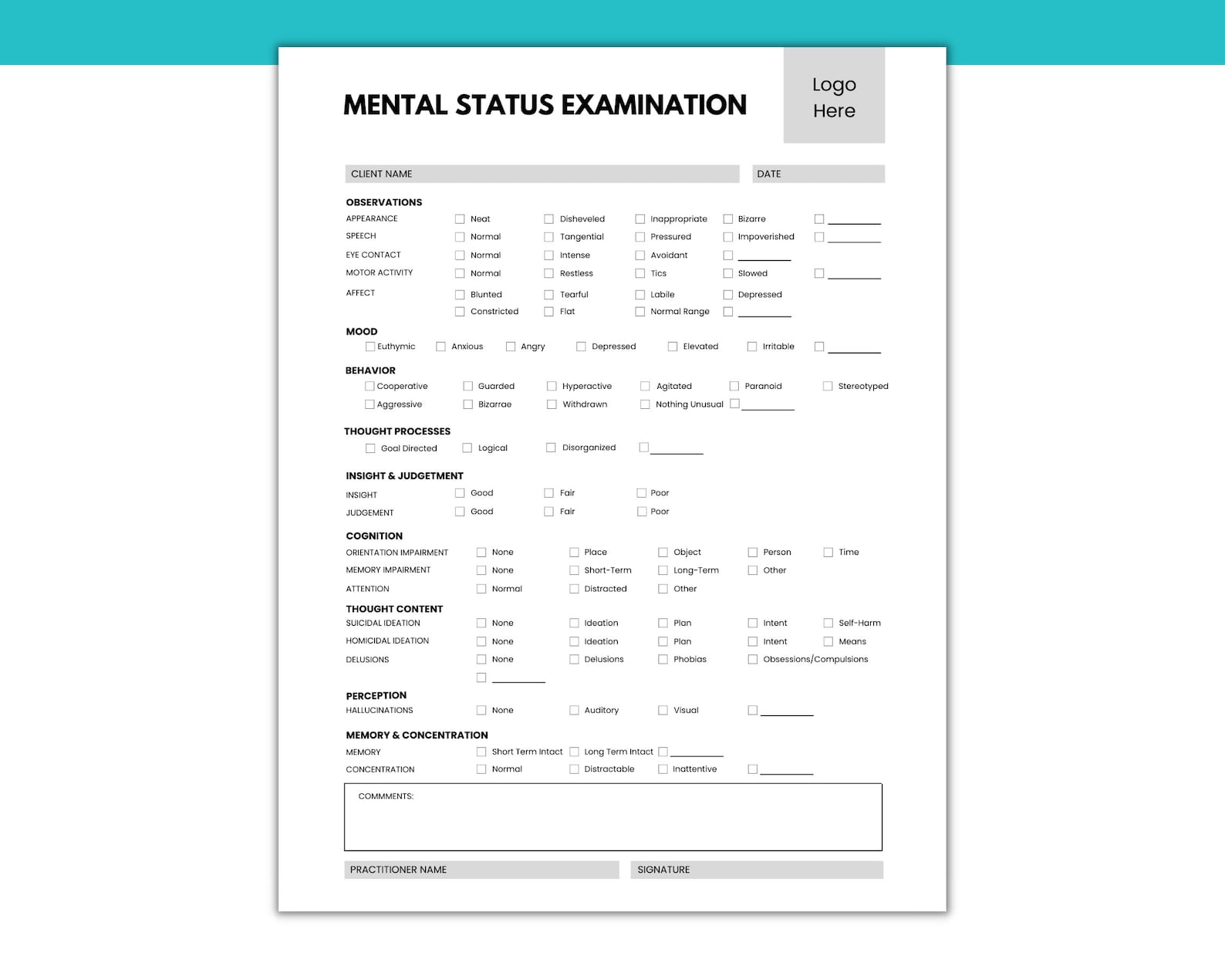 Mental Status Exam Template Mental Health Form Client Forms | Etsy UK
