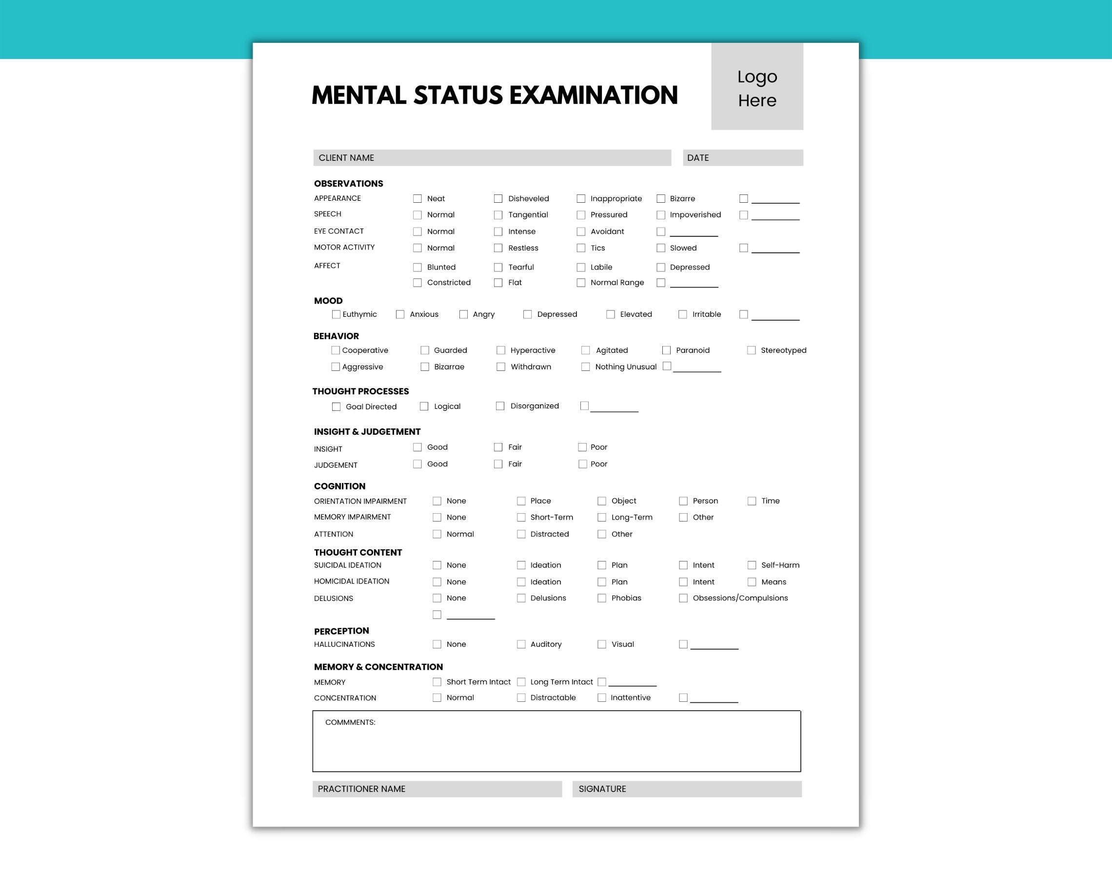 Mental Status Exam Template Mental Health Form Client Forms - Etsy
