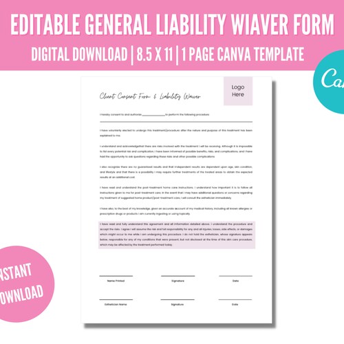 Editable General Liability Waiver New Client Form Spa | Etsy