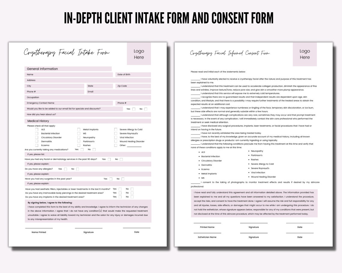 Editable Cryo Facial Intake Form and Consent Form Esthetician - Etsy