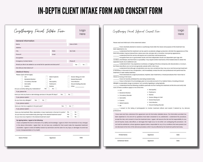 Cryo Facial Intake & Consent Forms: Esthetician Forms (canva Template ...