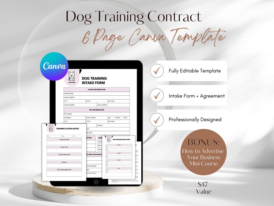 Editable Dog Training Contract, Service Dog Training Contract, Dog ...