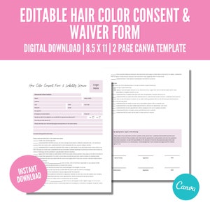 Hair Stylist Consultation Forms, Hair Color Waiver Form, Printable and ...