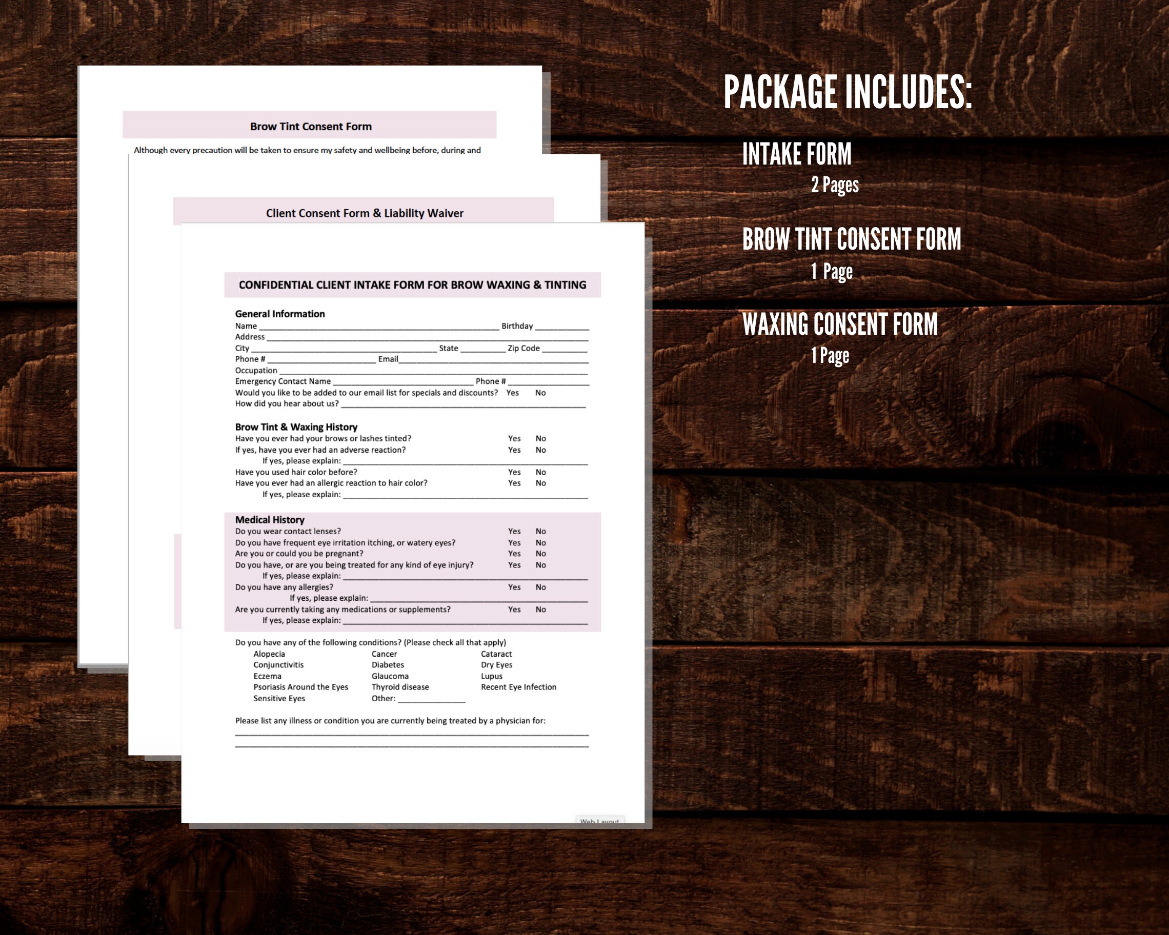 Editable Brow Wax and Tint Forms: Client Intake, Consent & Waiver (word ...