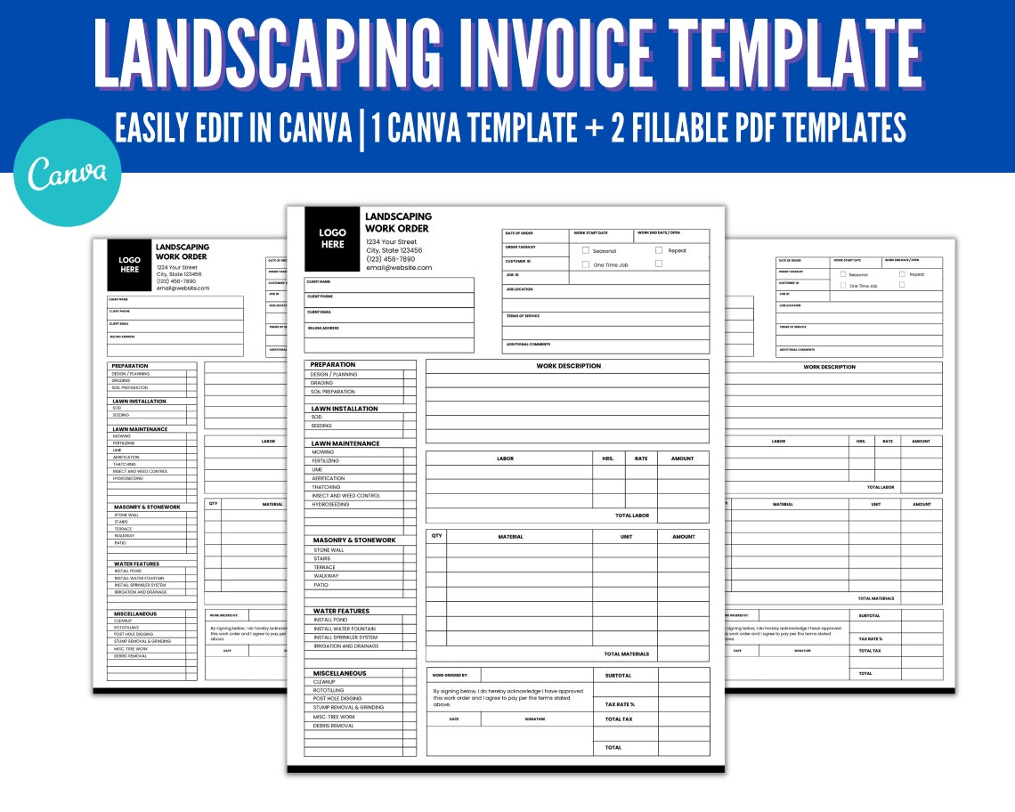 Fillable Landscaping Invoice Template Landscape Work Order - Etsy