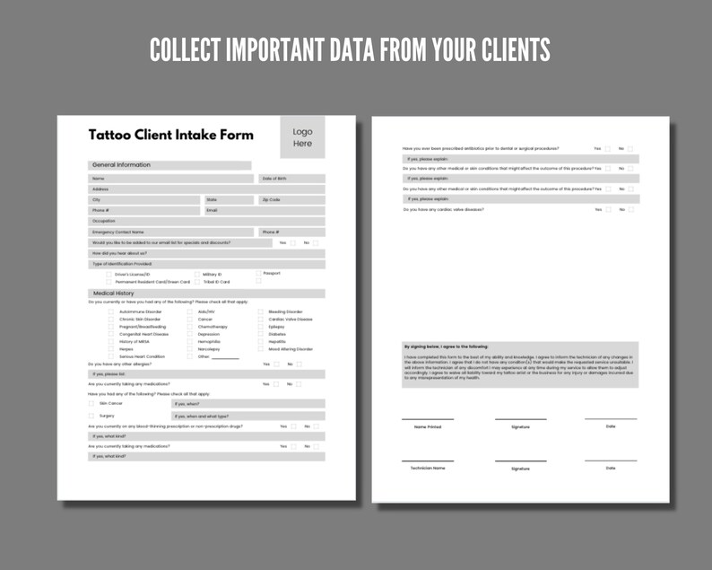 Tattoo Consent Form, Client Intake Form, Tattoo Aftercare Instructions ...