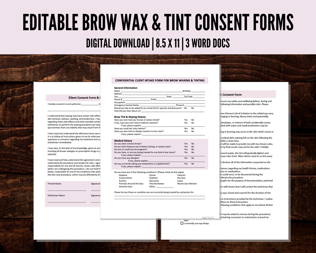 Editable Brow Wax and Tint Forms: Client Intake, Consent & Waiver (word ...