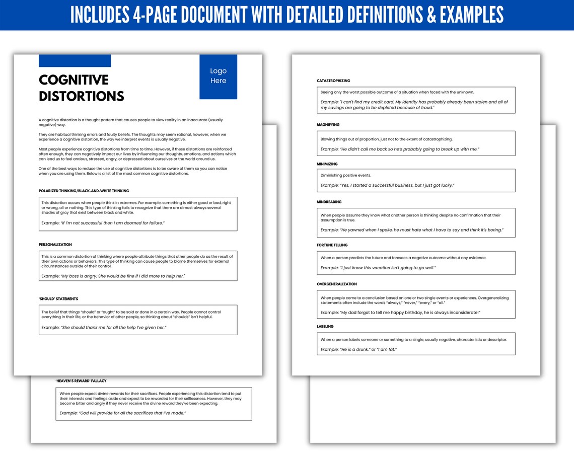 Cognitive Distortions PDF Worksheet Cognitive Behavioral - Etsy