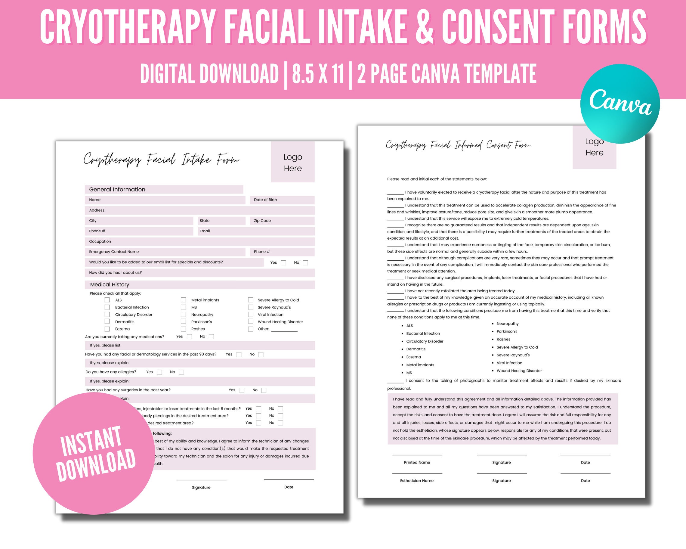 Editable Cryo Facial Intake Form and Consent Form Esthetician - Etsy UK