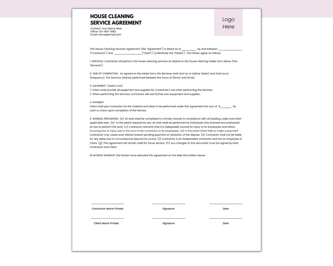 Cleaning Business Forms House Cleaning Contract Cleaning - Etsy