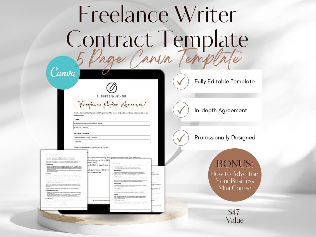 Freelance Writer Contract Template: 5-page Canva Agreement (digital ...