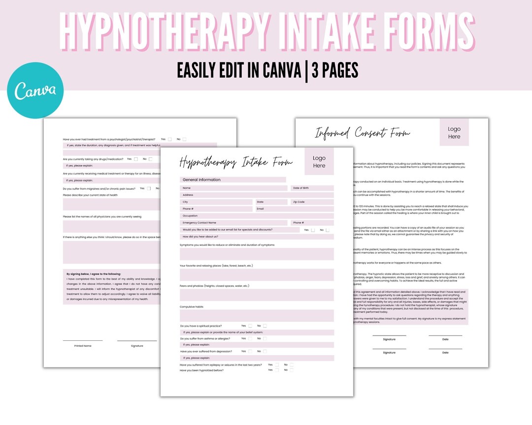 Hypnotherapy Intake Form, Hypnotherapy Consent Form, Hypnosis Consent ...