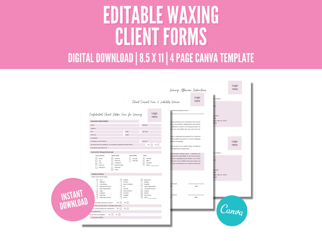 Editable Waxing Client Forms, Esthetician Forms, Canva Template - Etsy