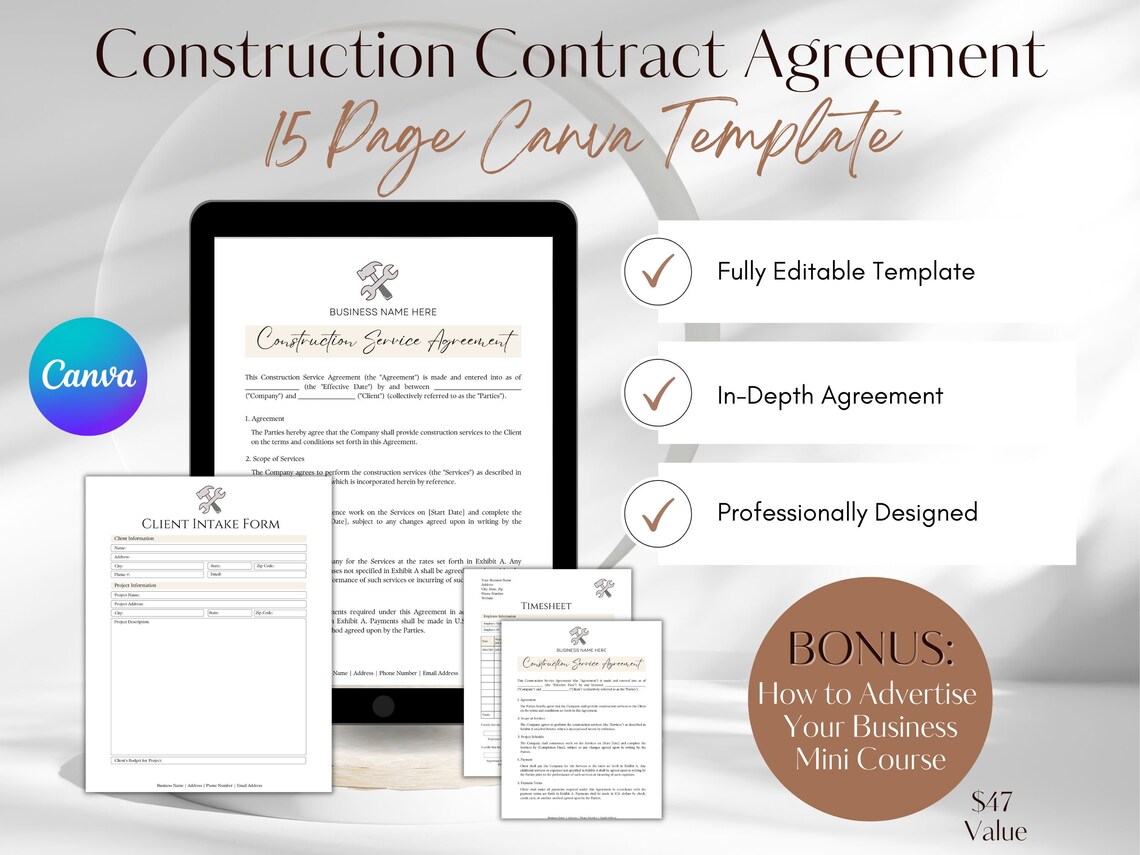 Construction Contract Template: Editable Service Agreement (canva ...