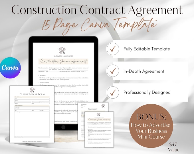 Residential Construction Contract Template - Etsy Canada
