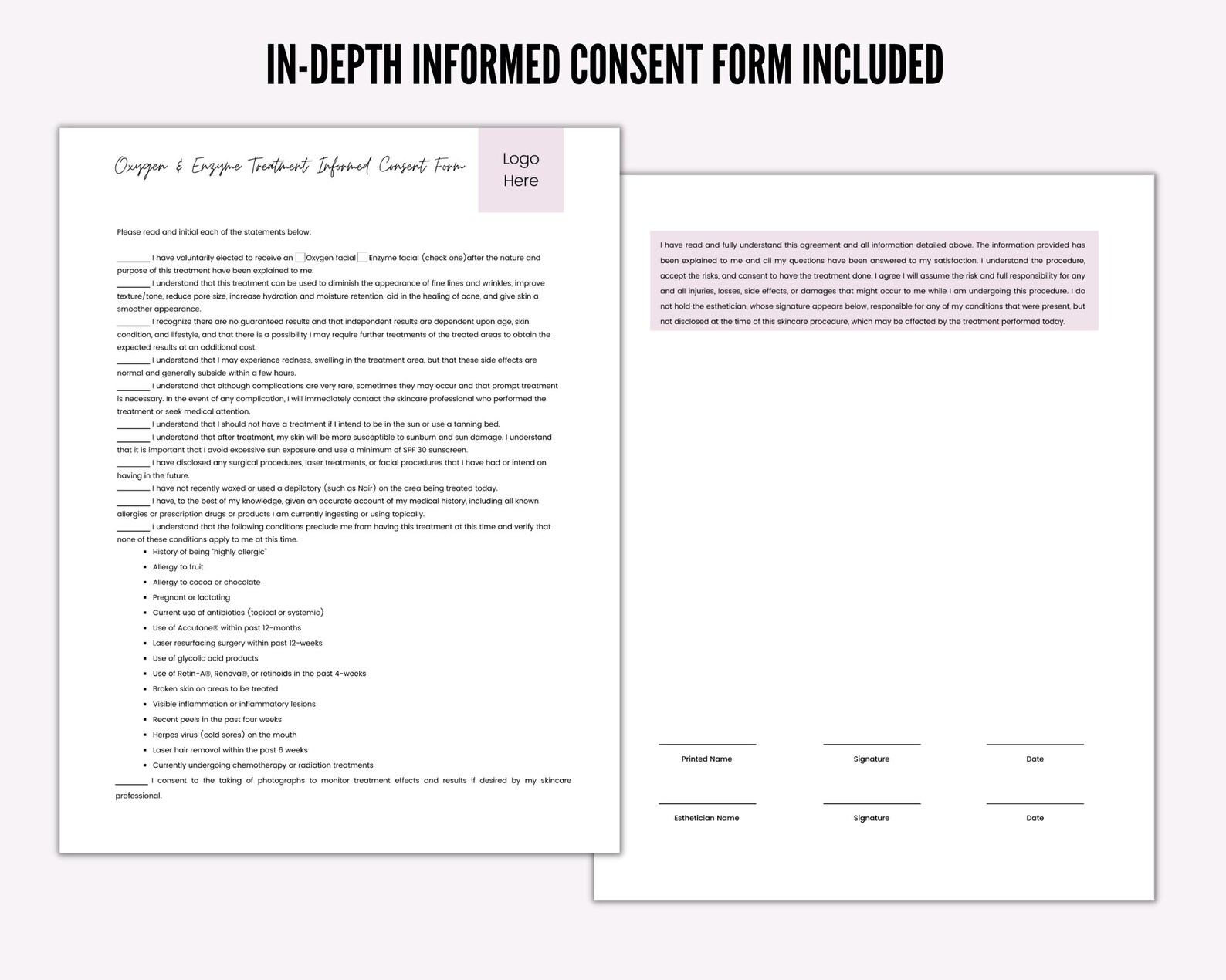 Facial Consent Form Oxygen Facial Enzyme Facial Esthetician - Etsy