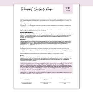 Hypnotherapy Intake Form, Hypnotherapy Consent Form, Hypnosis Consent ...