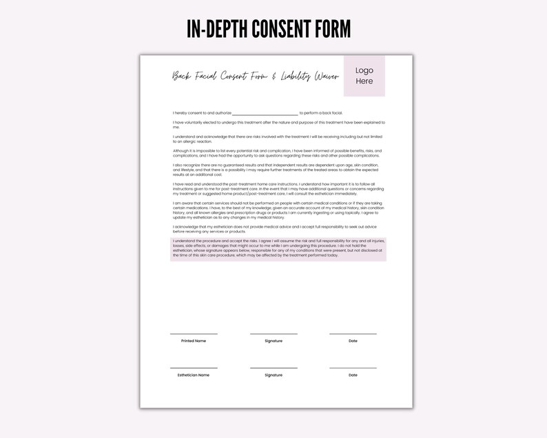 Back Facial Consent Form Template Esthetician Forms Client - Etsy Canada