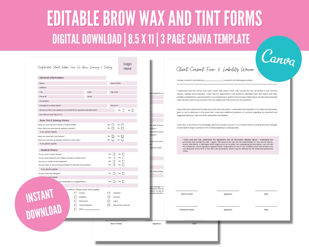 Editable Brow Wax and Tint Intake Form Consent and Waiver - Etsy