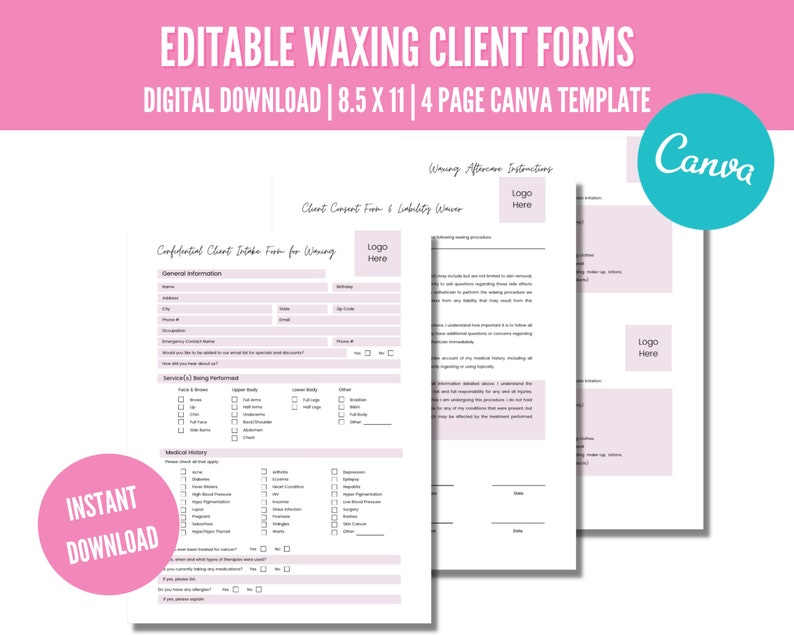 Editable Waxing Client Forms Esthetician Forms Canva | Etsy Editable Waxing Client Forms Esthetician Forms Canva | Etsy